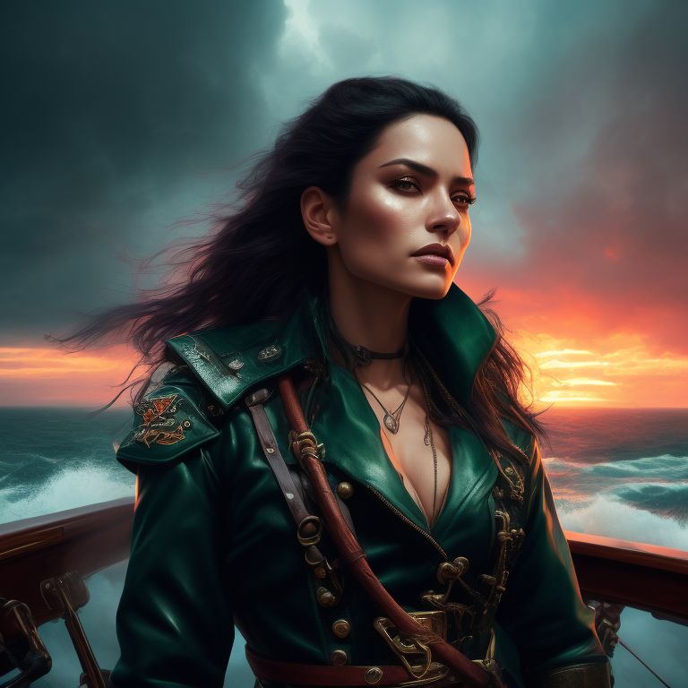 VarnaBrokentree: a fierce female pirate captain with glossy black hair ...