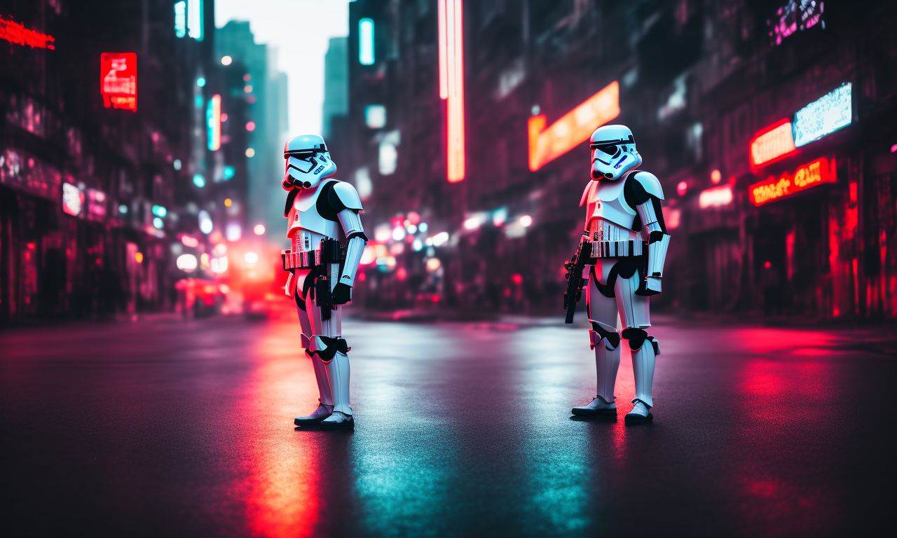 sick-llama972: Stormtrooper standing in the middle of a cyberpunk city