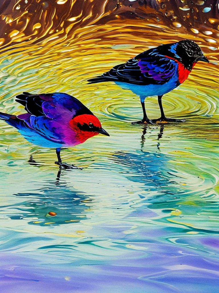 kind-jay261: two small birds touching beaks playing in a water fountain ...