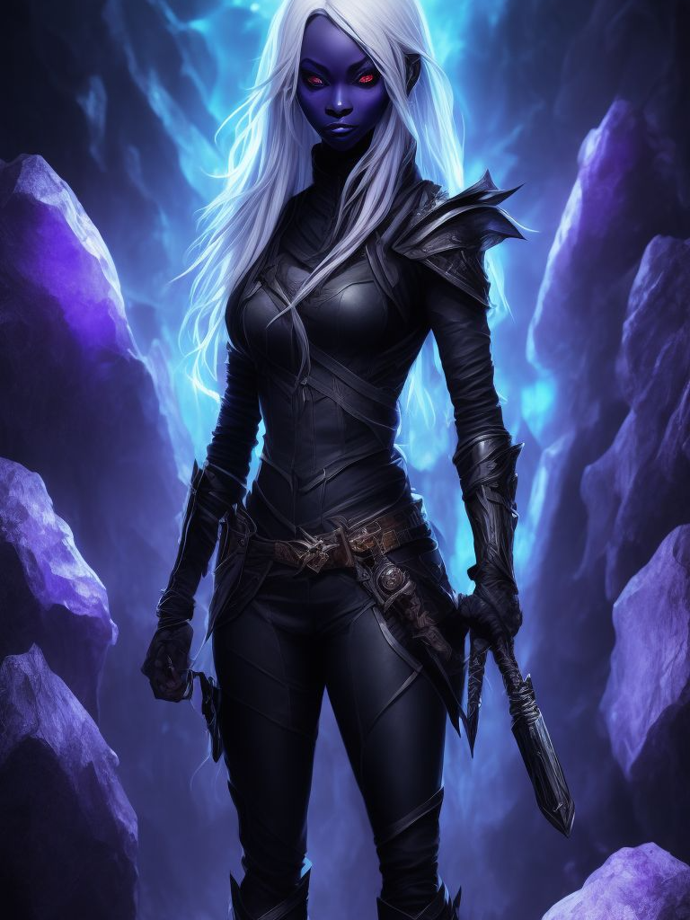 SilverEvermoore: female drow rogue with glossy white hair, purple eyes, dark purple skin ...