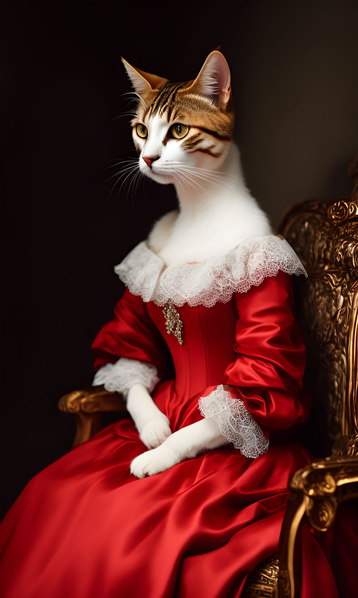 KT1973: a tabby cat , cosplaying as a baroque lady wearing a red gown ...