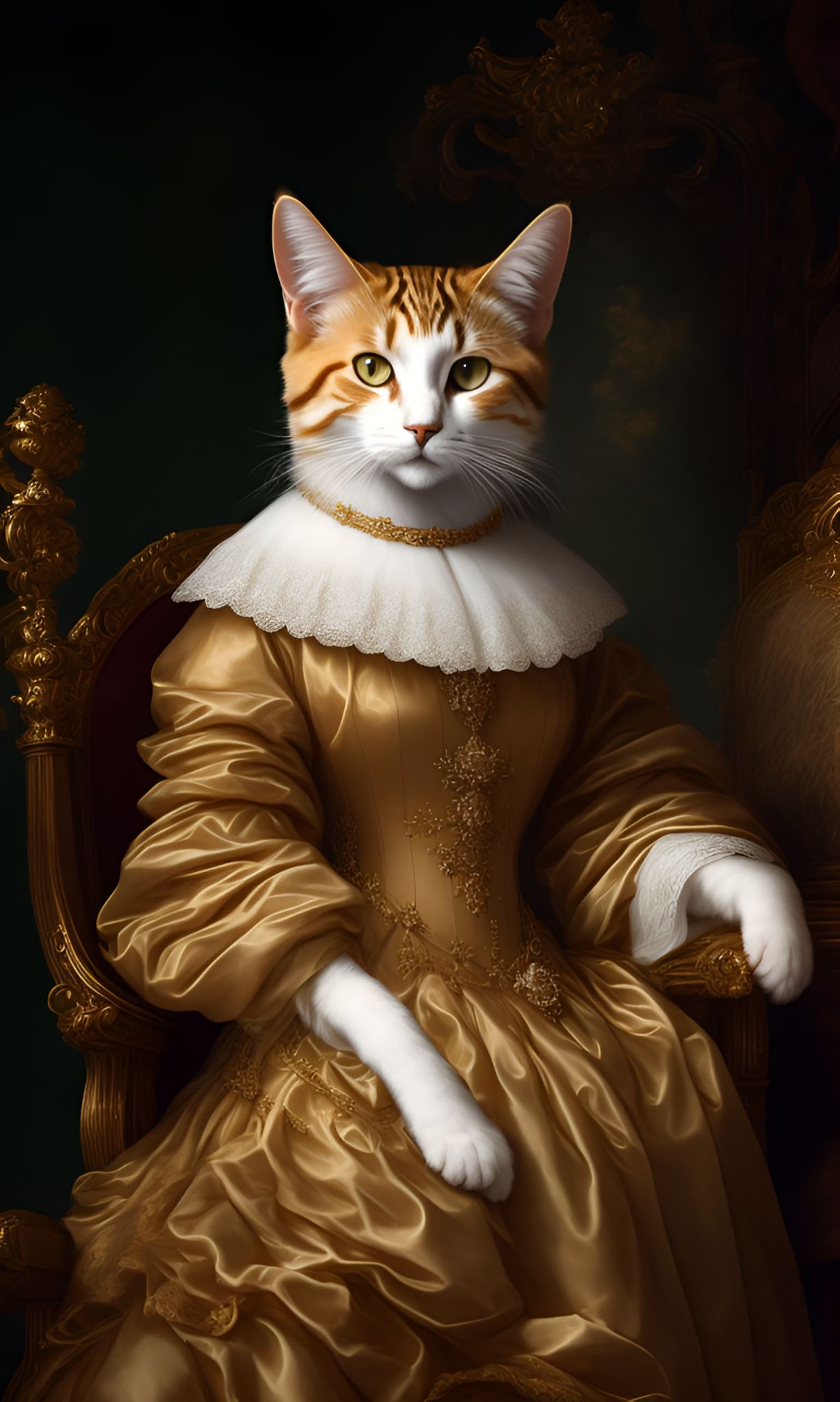KT1973: a tabby cat cosplaying as a baroque lady, sitting on a throne