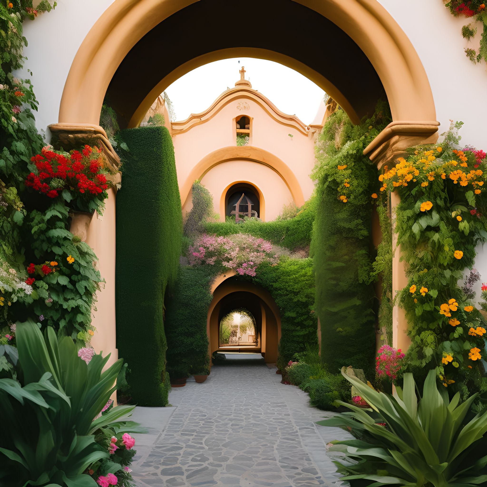 addison: ((A look through an (((California Mission))) arch to a ...