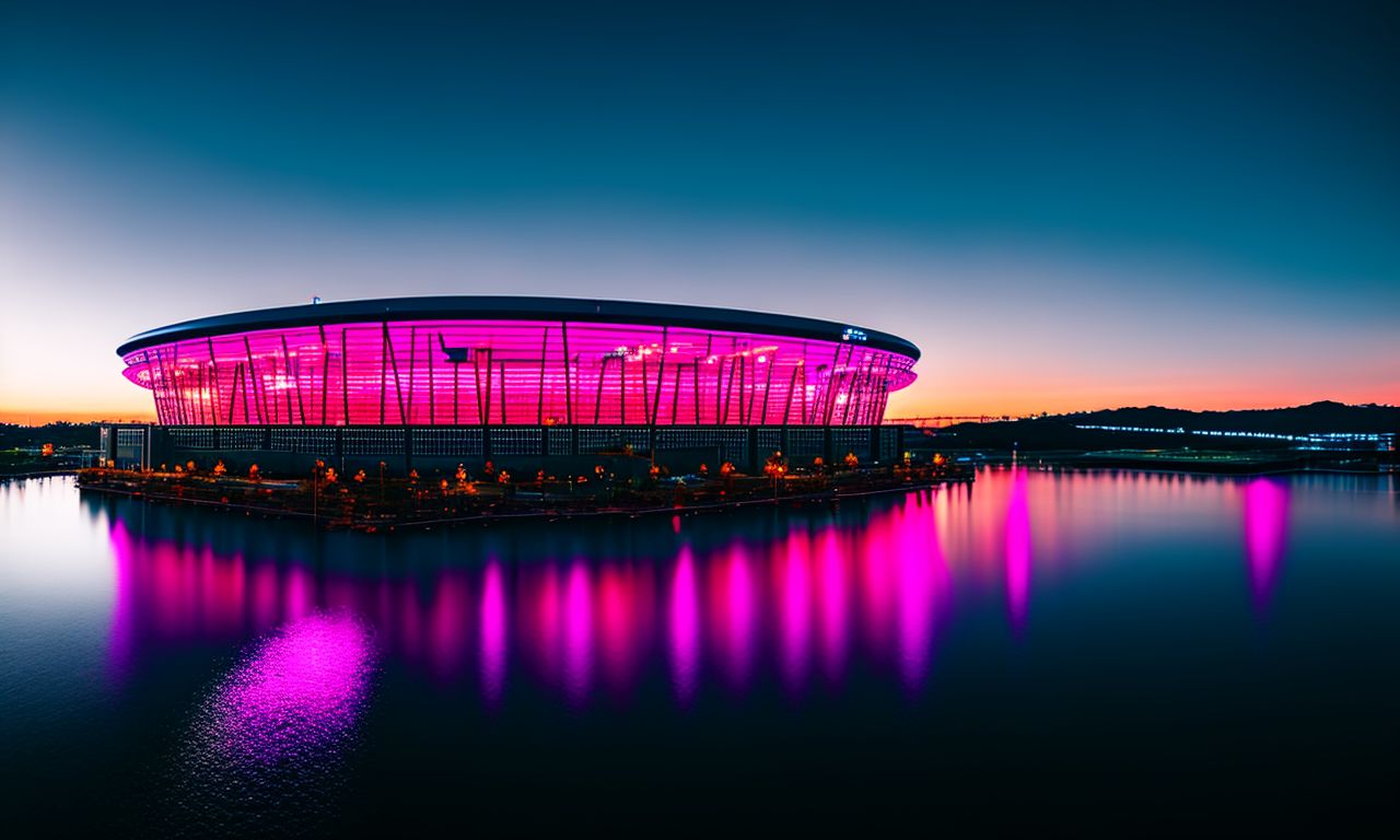 o2DESIGN: cyberpunk neon soccer stadium floating on water