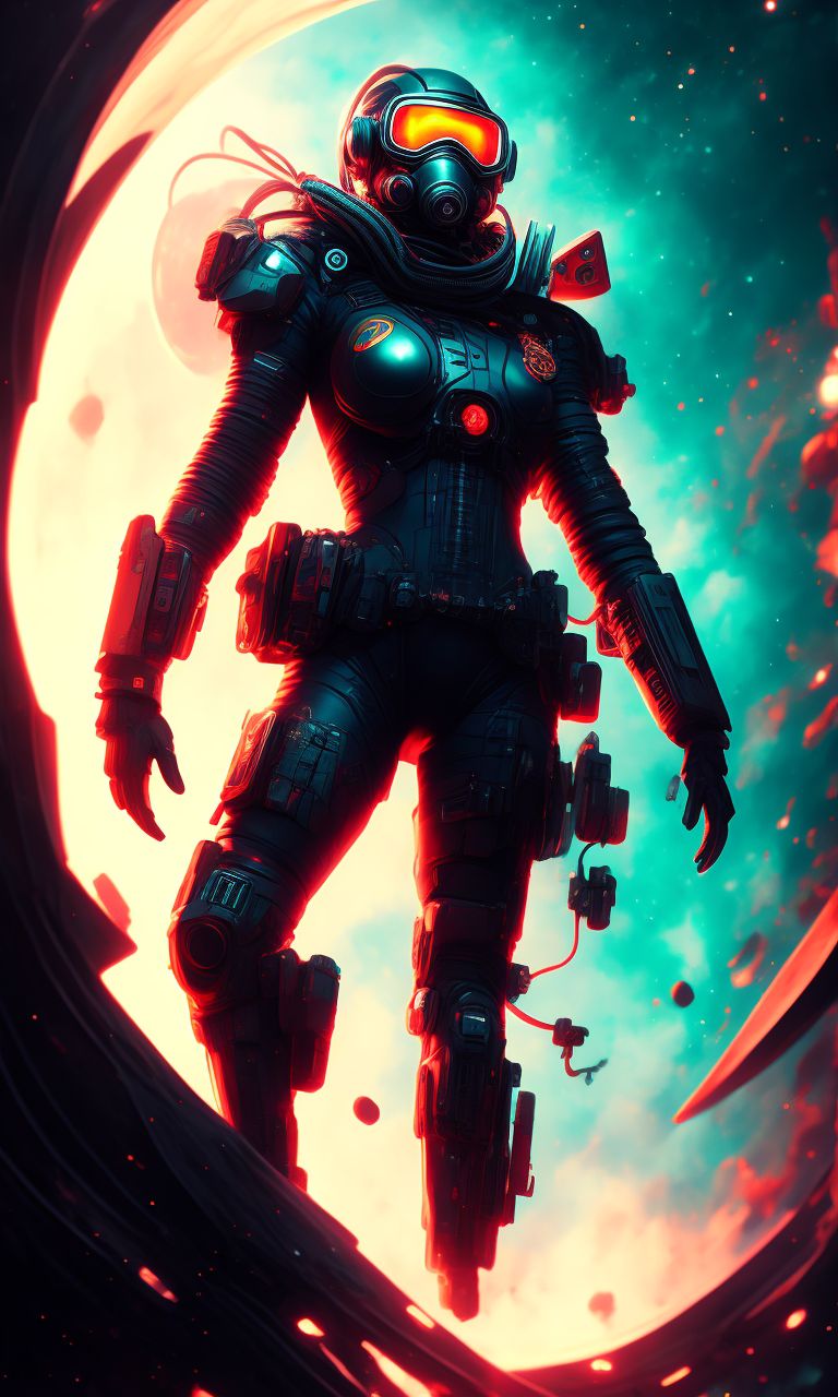 Galgi: cyberpunk cyborg scooba diver flying in space, beautiful ...