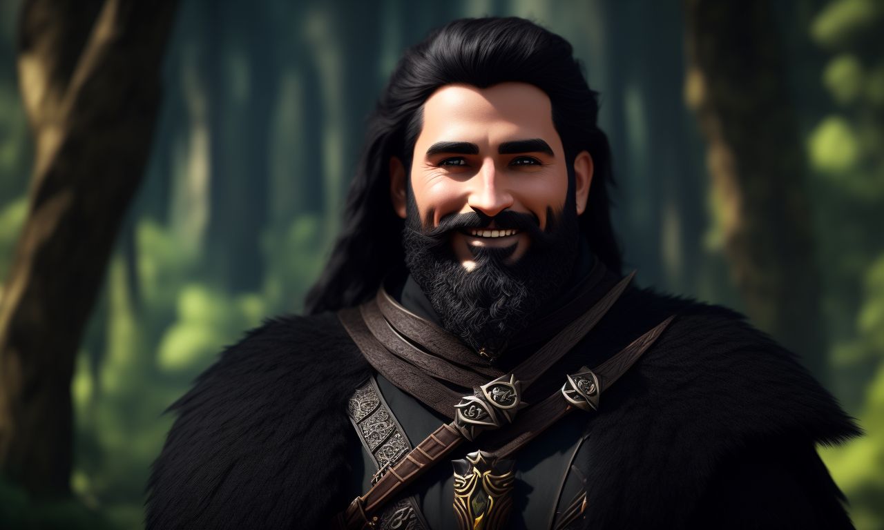 each-narwhal324: Male Druid, dressed all in black, hawk, beard, smiling ...