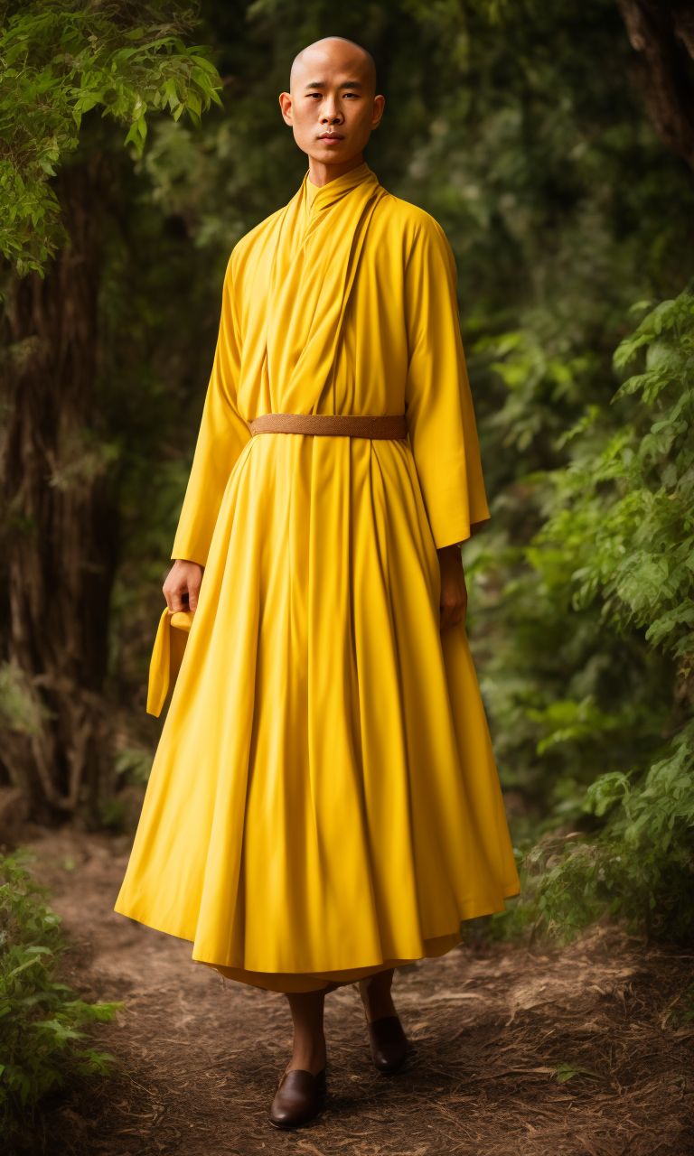 tired-wasp681: serious 70 year bald monk light yellow dress