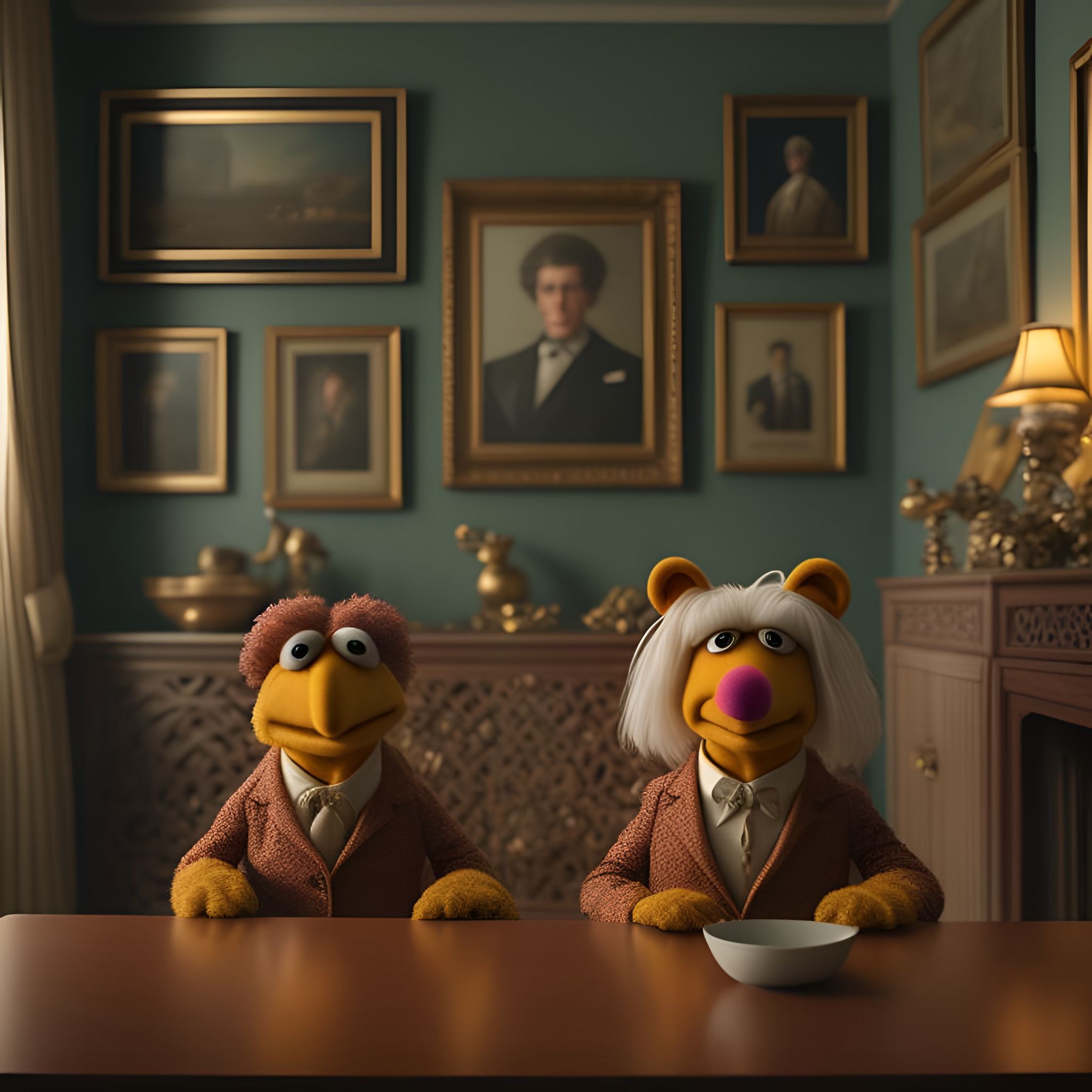 addison: Two muppets stand side by side in a portrait in their living room