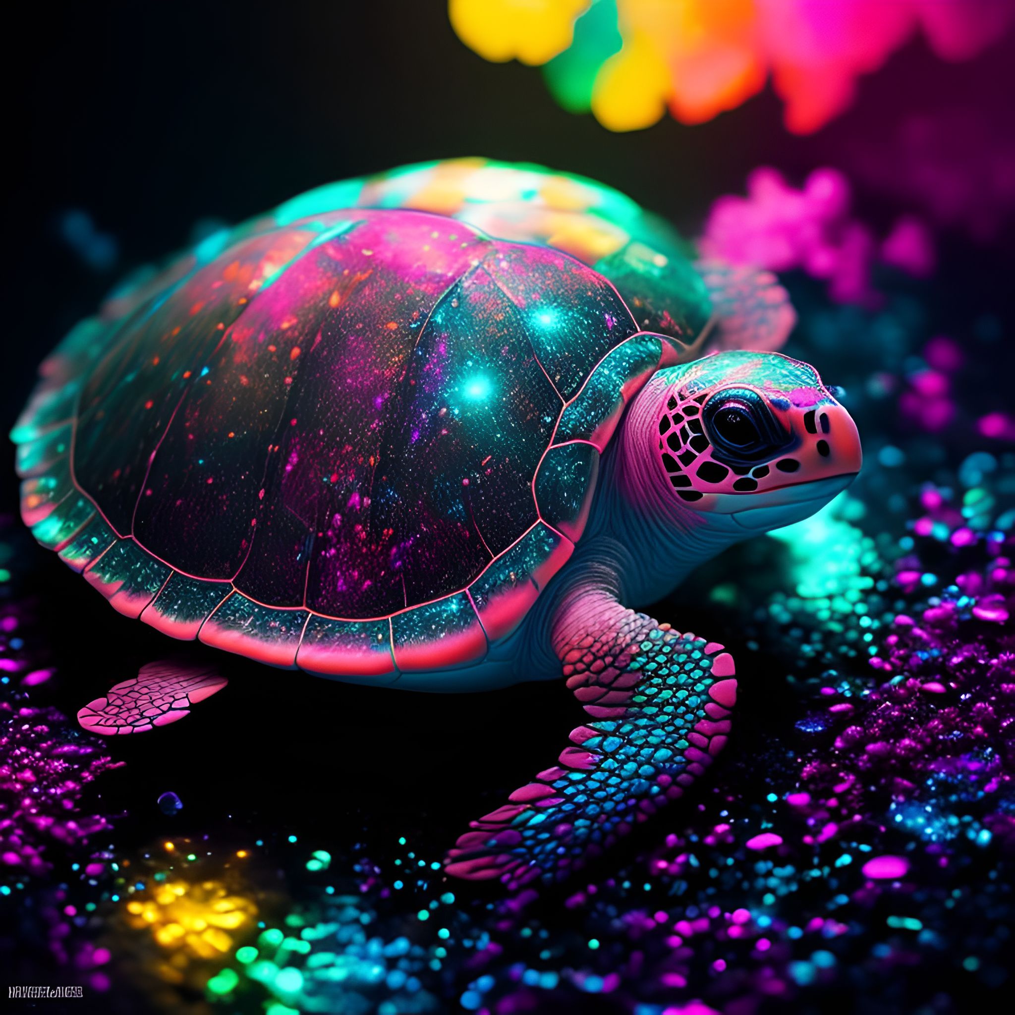 SilverEvermoore: (Glossy hyperrealistic sea turtle) with neon rainbow ...