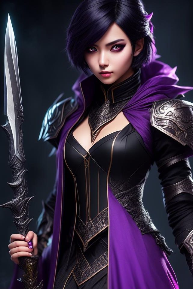 Mala_30: powerful girl holding weapon, short black hair, black and ...