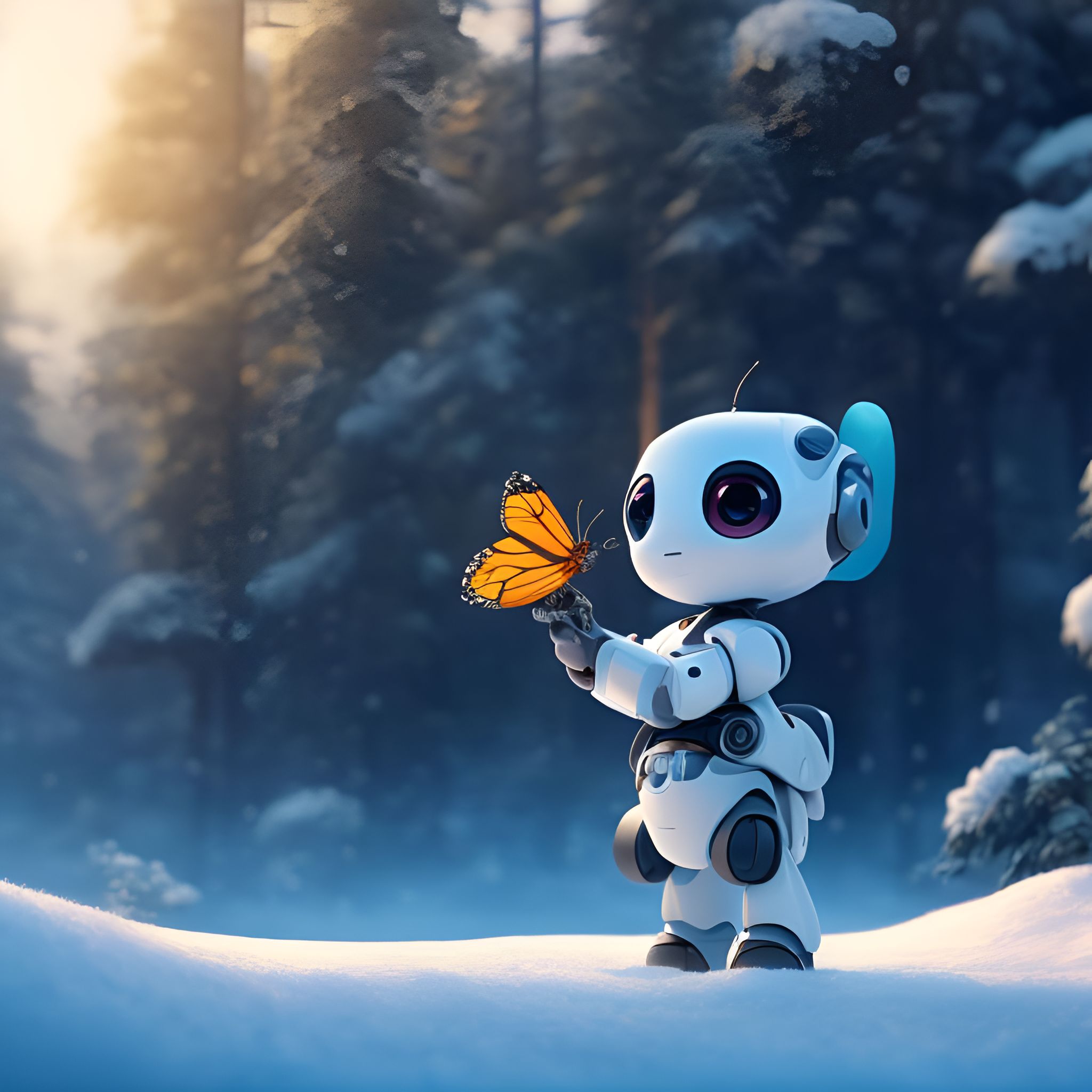 Hursty: a small robot holding a butterfly, bright snowy scene, robot ...