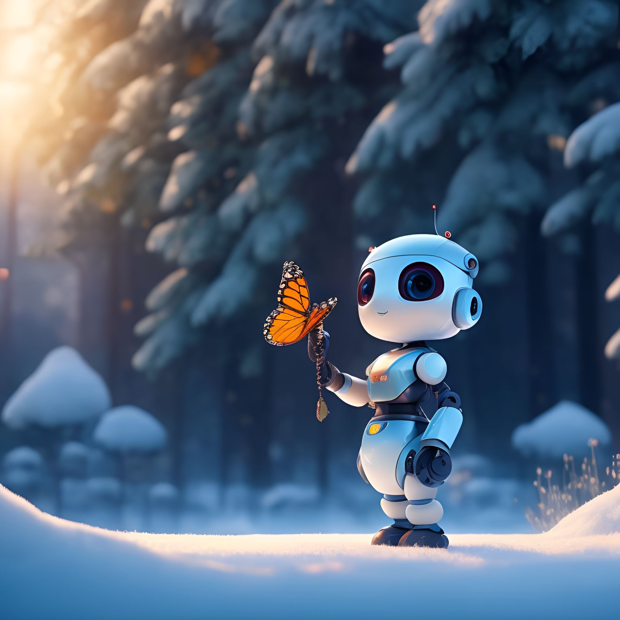 Hursty: a small robot holding a butterfly, bright snowy scene, robot ...