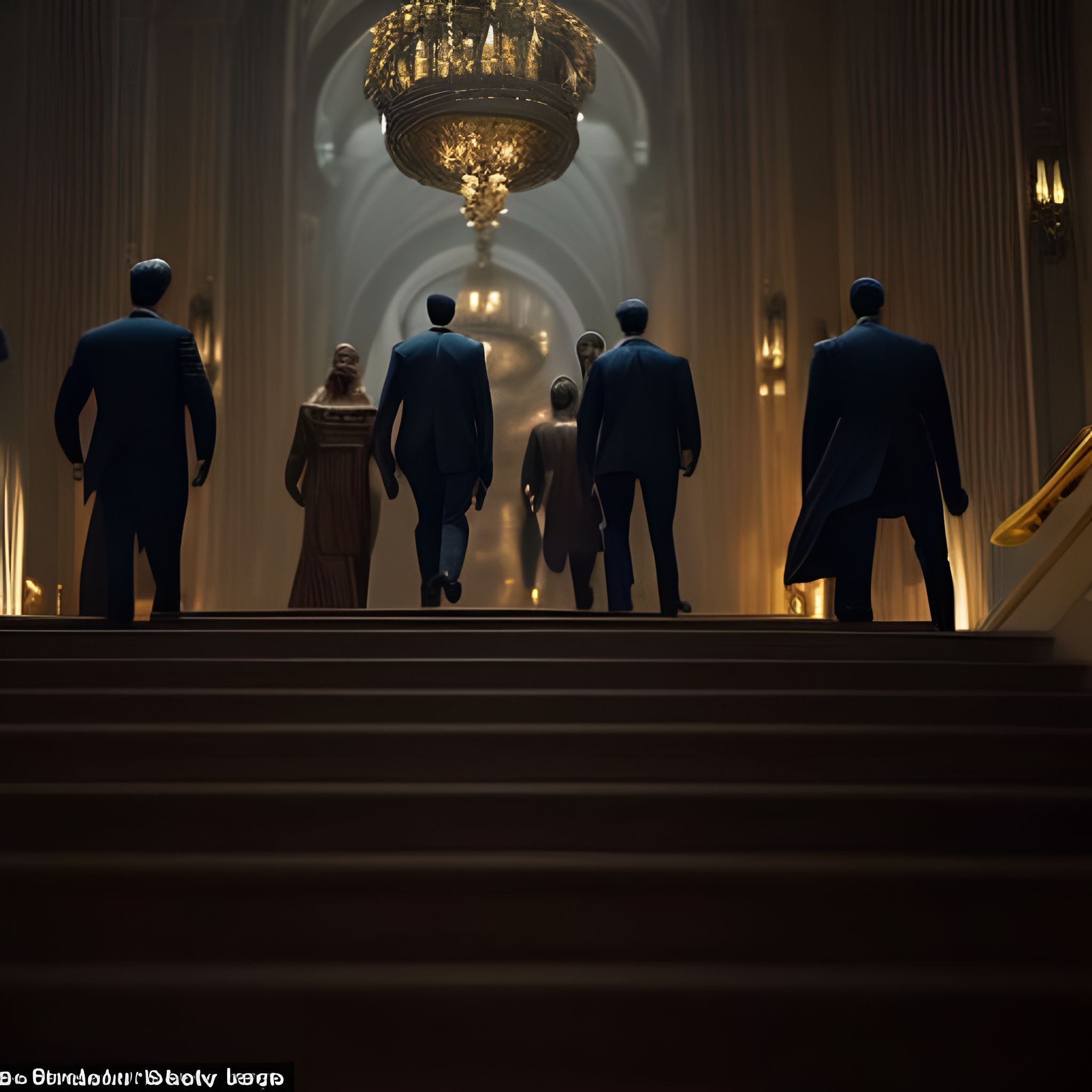 Galumpasaurus: Group walking up stairs, low angle, heroic, dramatic