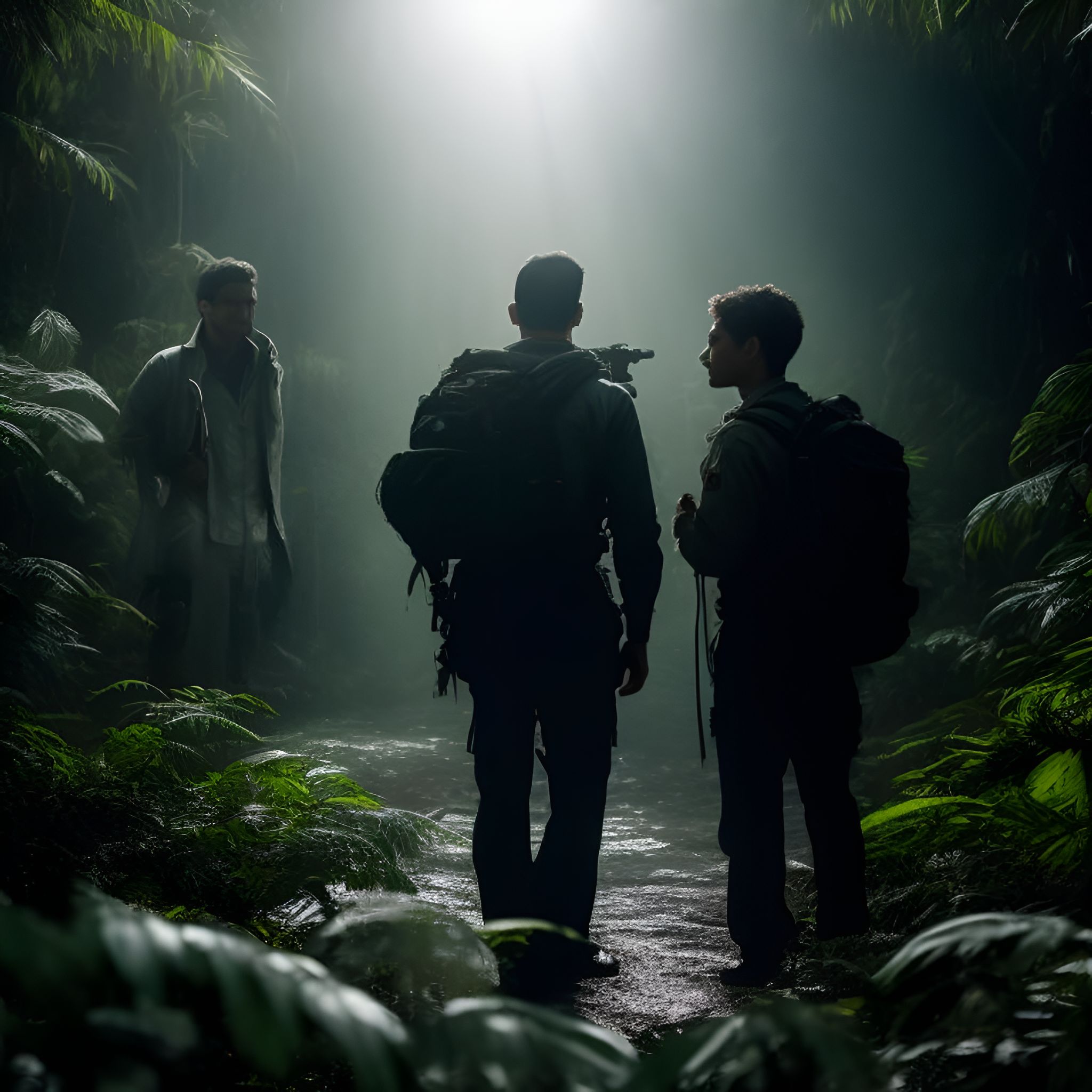 addison: A wide shot of three scientists in the jungle making a ...