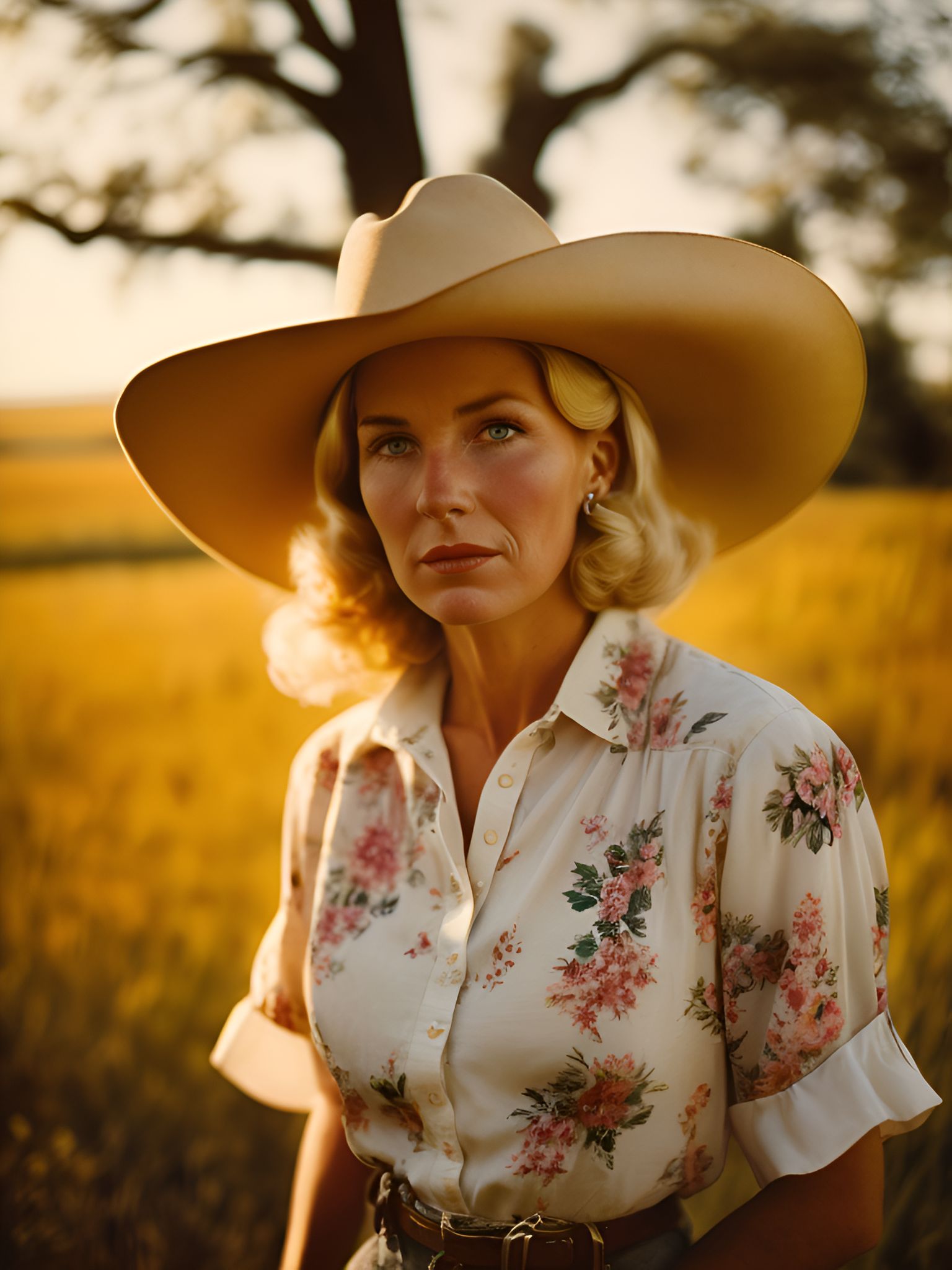 addison: A 1950s blonde prairie woman wearing floral white shirt and a ...