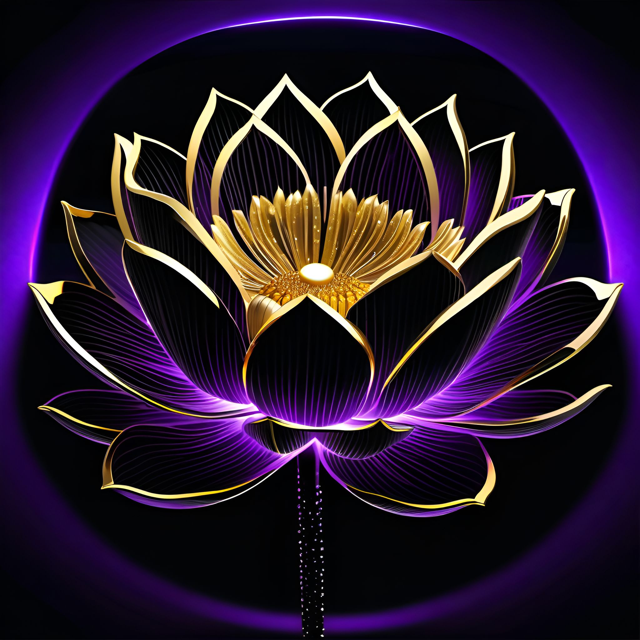 Foul-Rabbit: (Black lotus flower) with petals outlined in sparkling gold dust, hazy purple ...