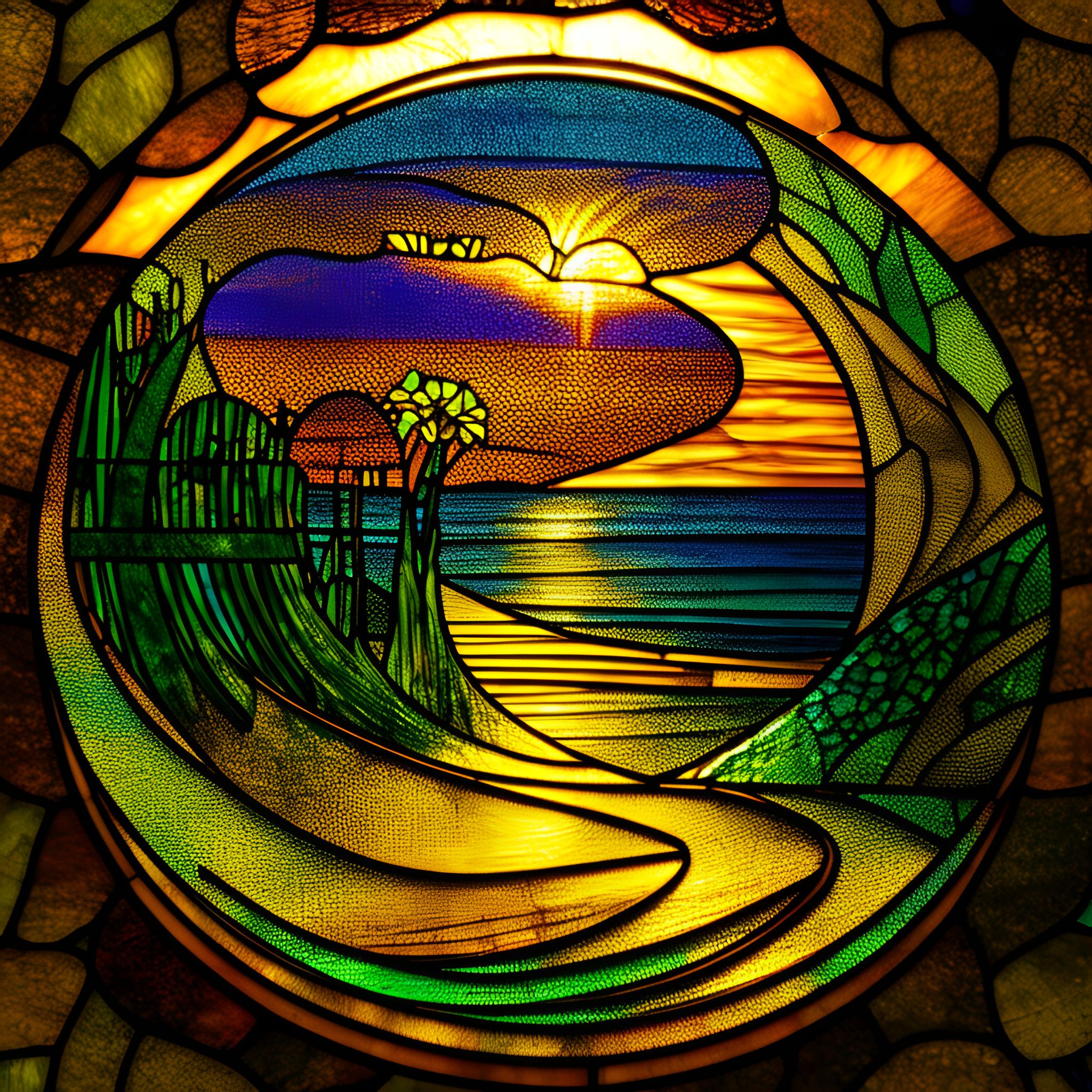Foul-Rabbit: Stained Glass illustration of a Hawaiian sunset over the ...