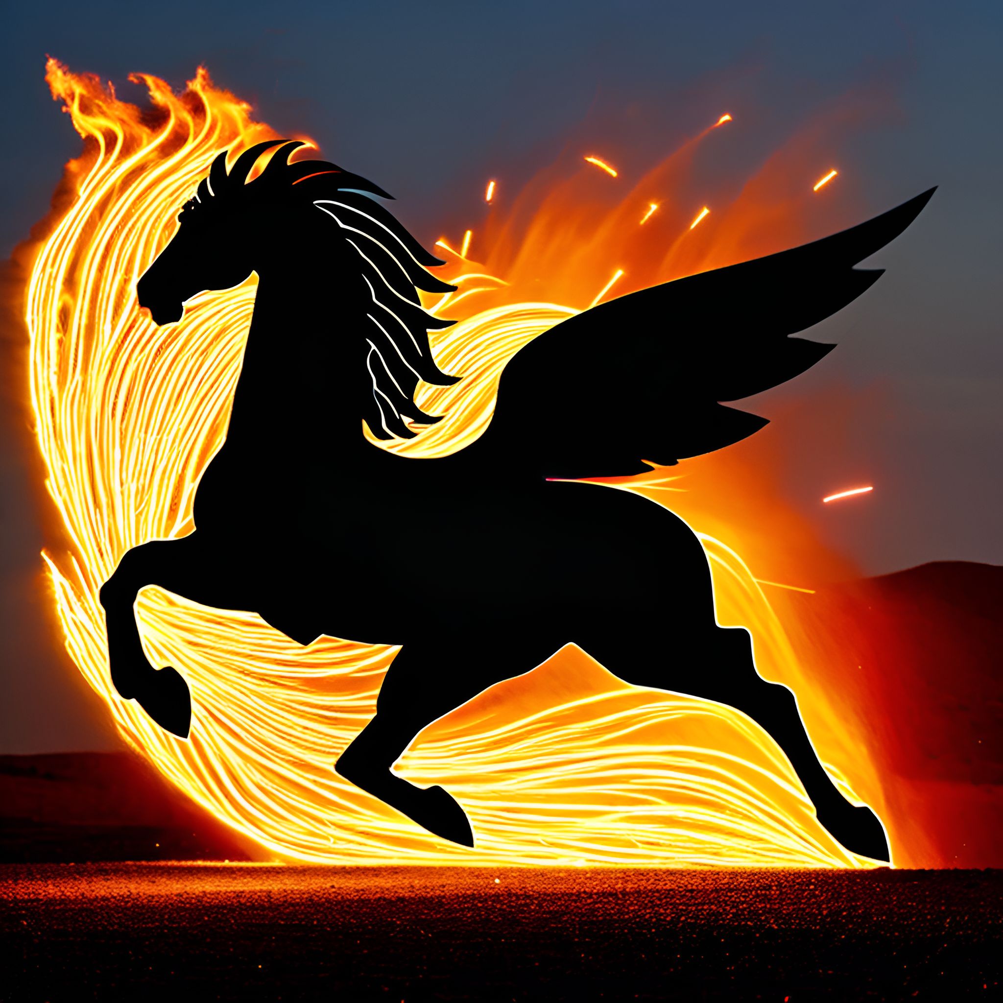 Foul-Rabbit: A magnificent black pegasus with fiery wings and mane ...