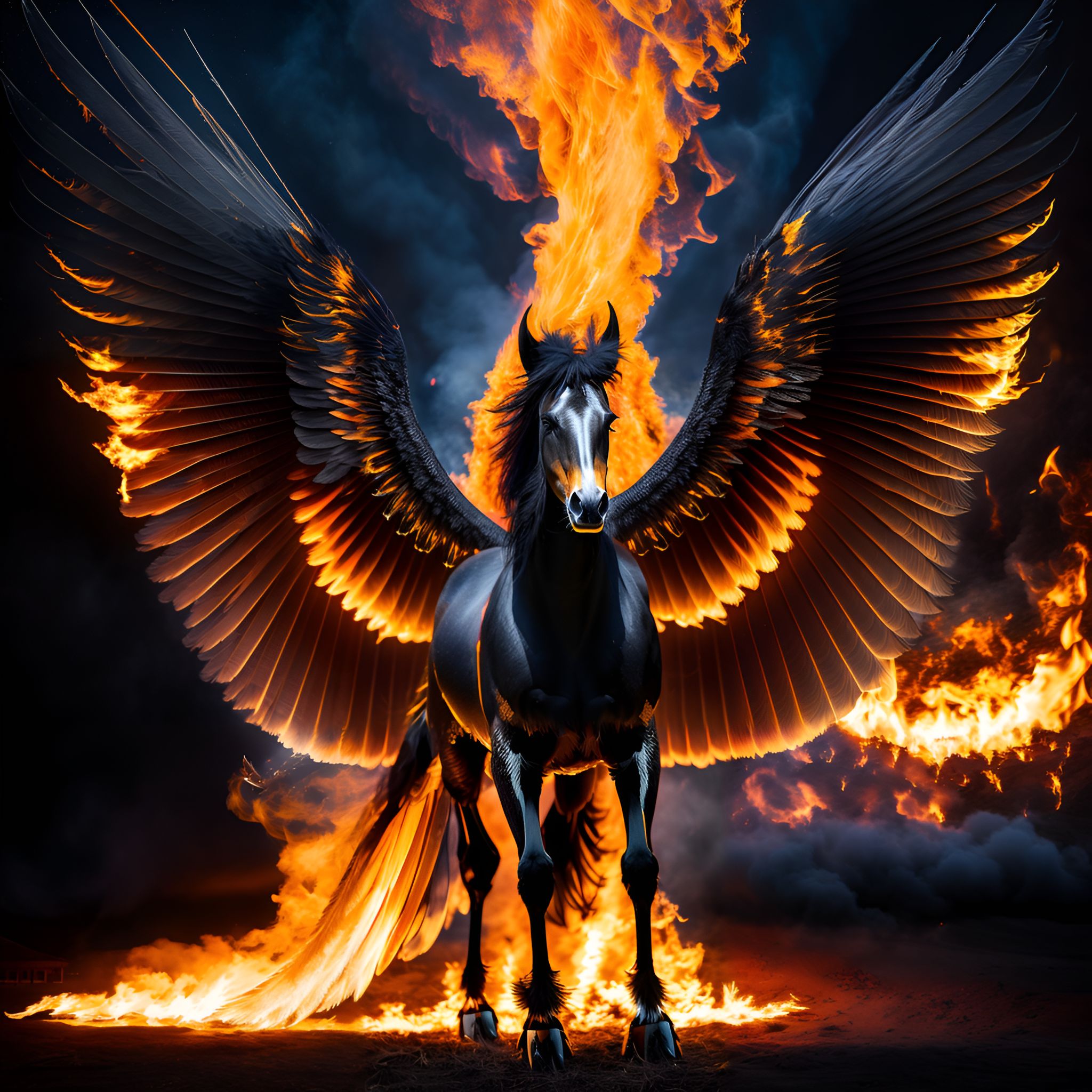 Foul-Rabbit: A magnificent black pegasus with fiery wings and mane ...