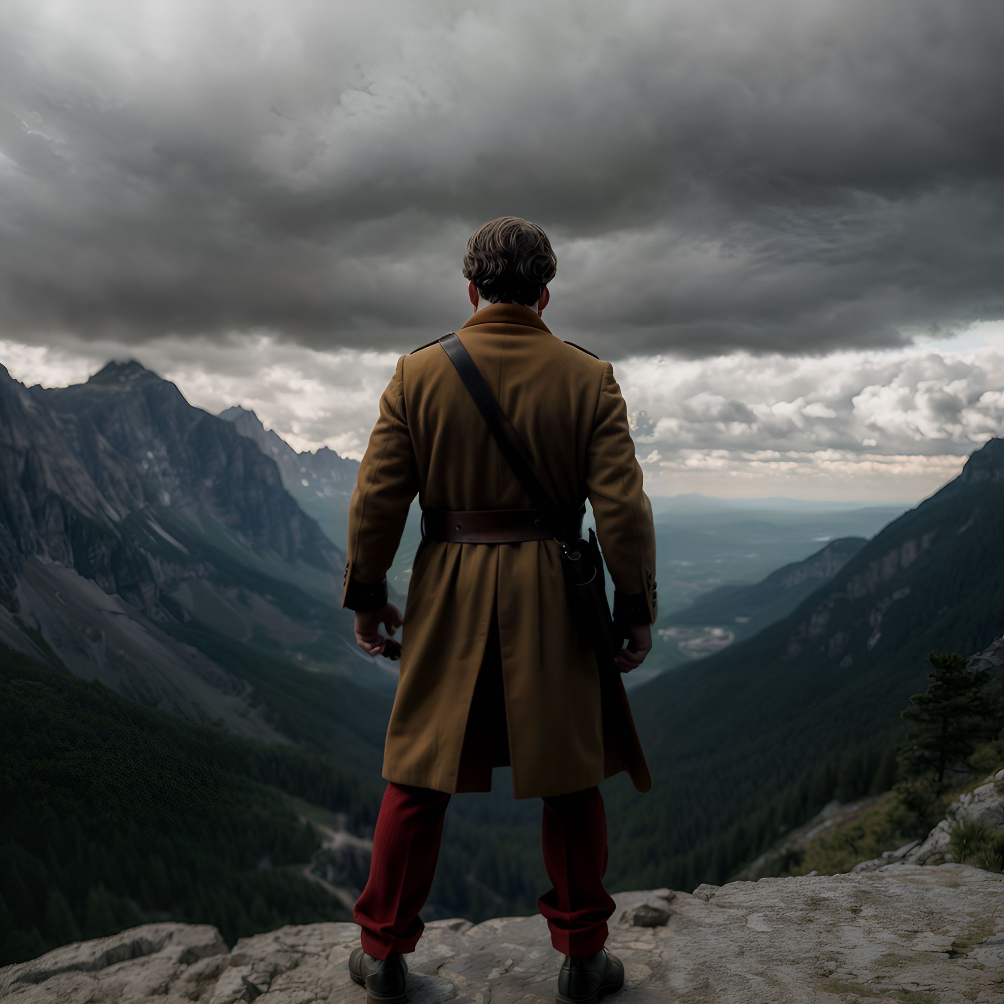 addison: A heroic man standing on a mountaintop, viewed centered from ...