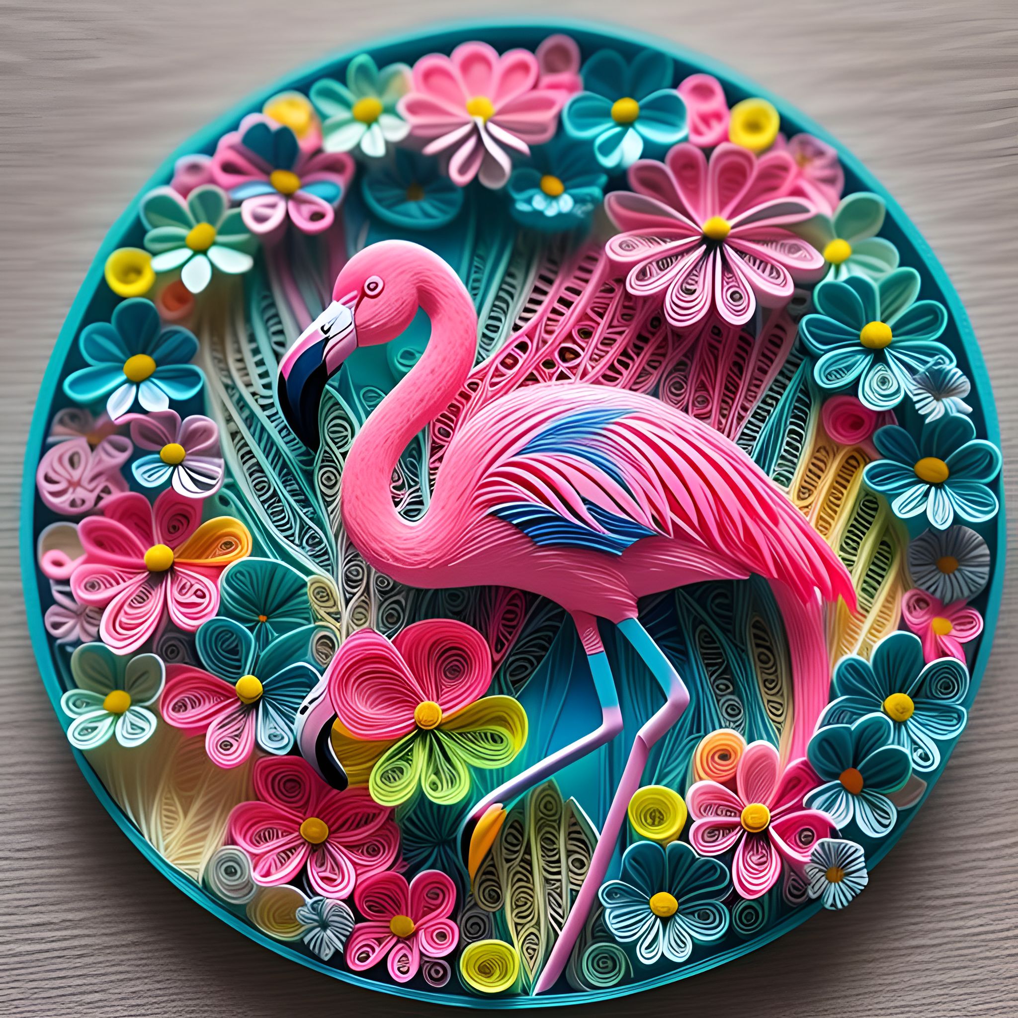 Foul-Rabbit: Flamingo in blue water, (multicolor flowers)
