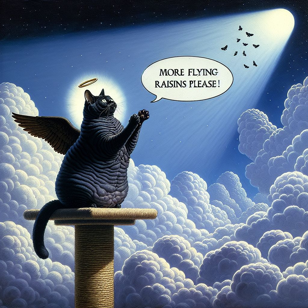 Foul-Rabbit: fat black manx cat wearing halo sitting on cat post ...