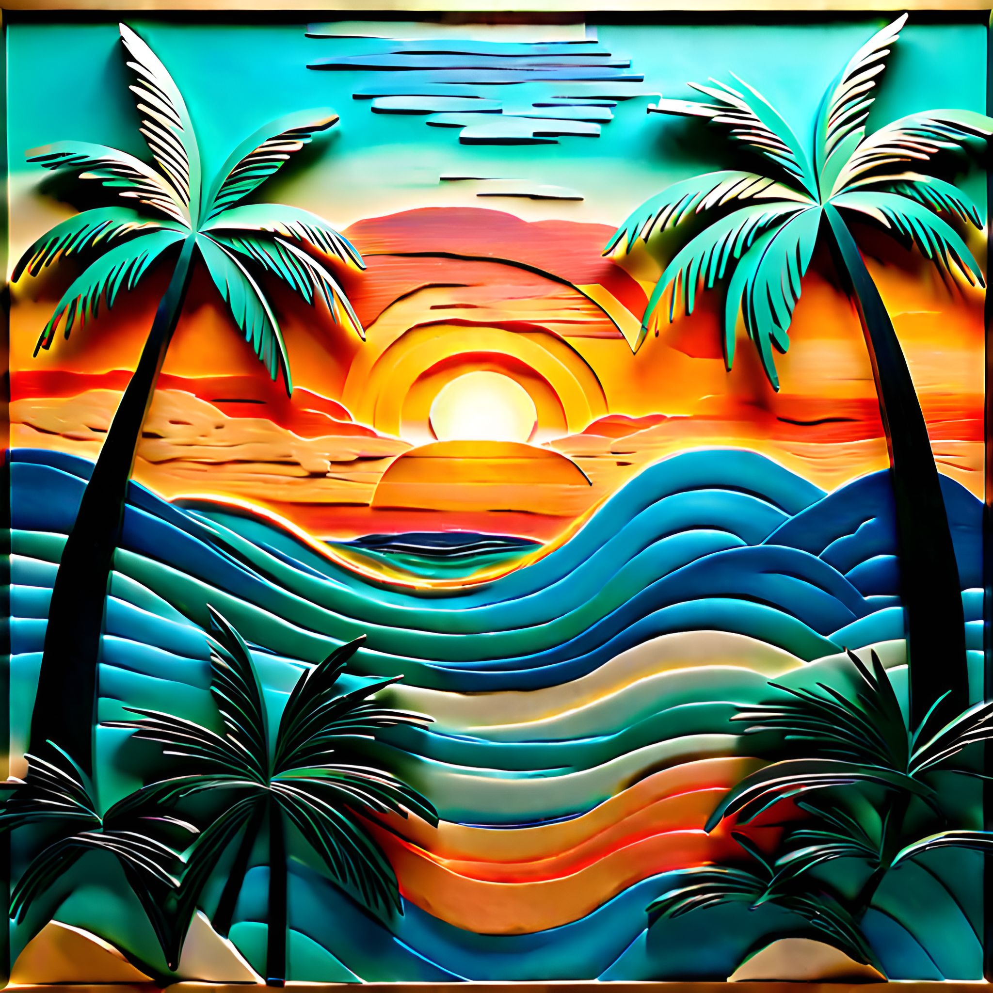 Foul-Rabbit: Simple, layered wood art, Hawaiian sunset, warm colors ...