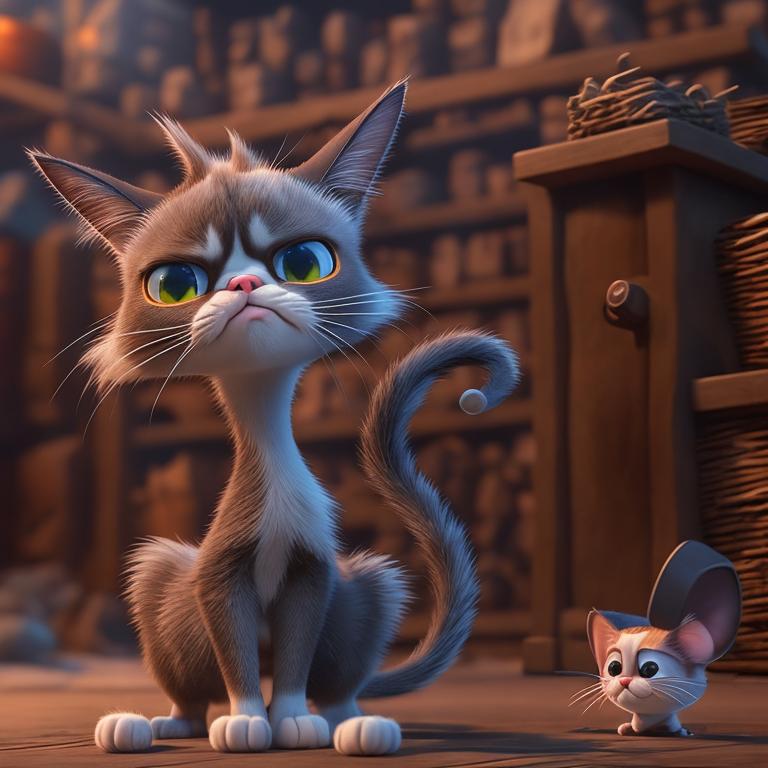 thiccFlair: Grumpy exhausted cat and small mouse wielding an axe