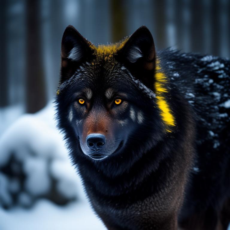 severe-sheep174: black wolf with yellow eyes in snowy and forest scenery