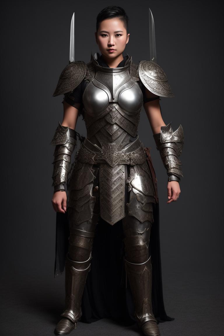 prudent-gaur404: a female warrior in stylish metal armour poses ...