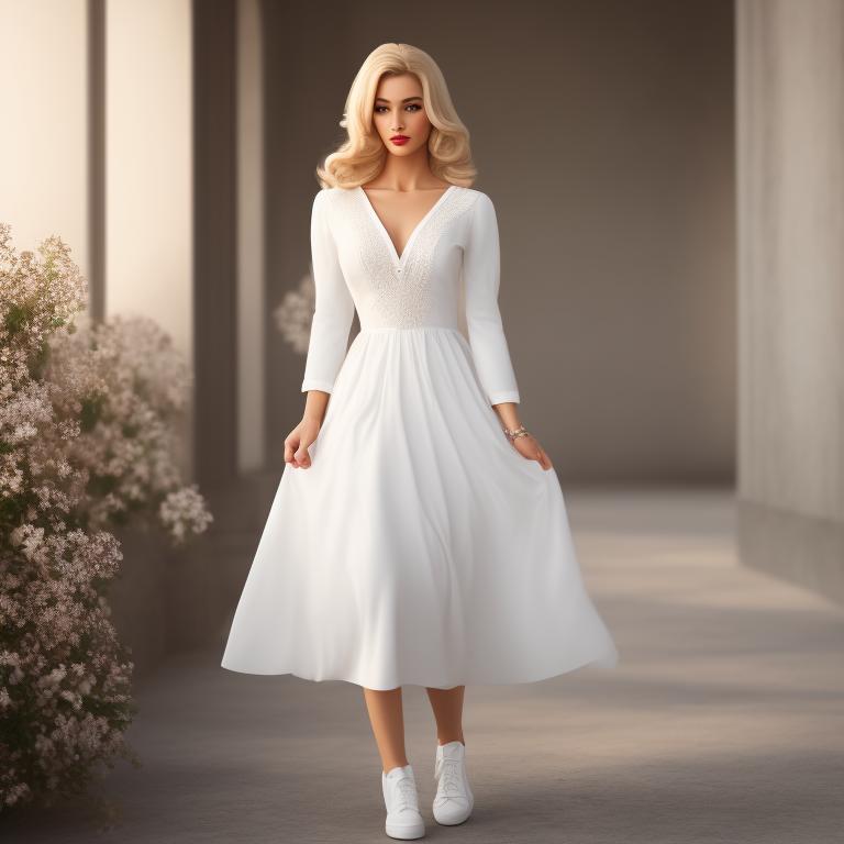 WorkingType: retro caucasian woman with blonde hair in long white dress ...