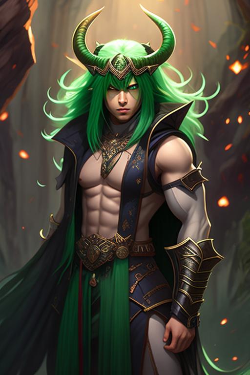 jumbo-tapir82: man, male, hero, handsome, long green hair, horns ...