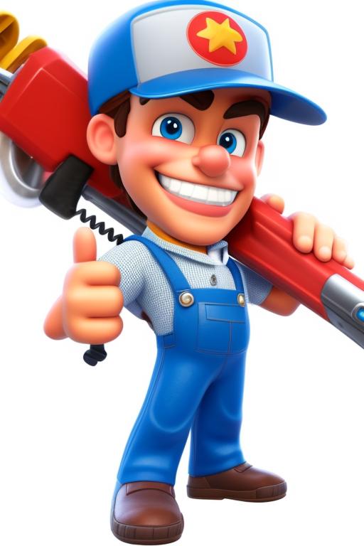slim-wasp299: plumber with suspenders, with a tool belt and a warm smile, holding a giant wrench