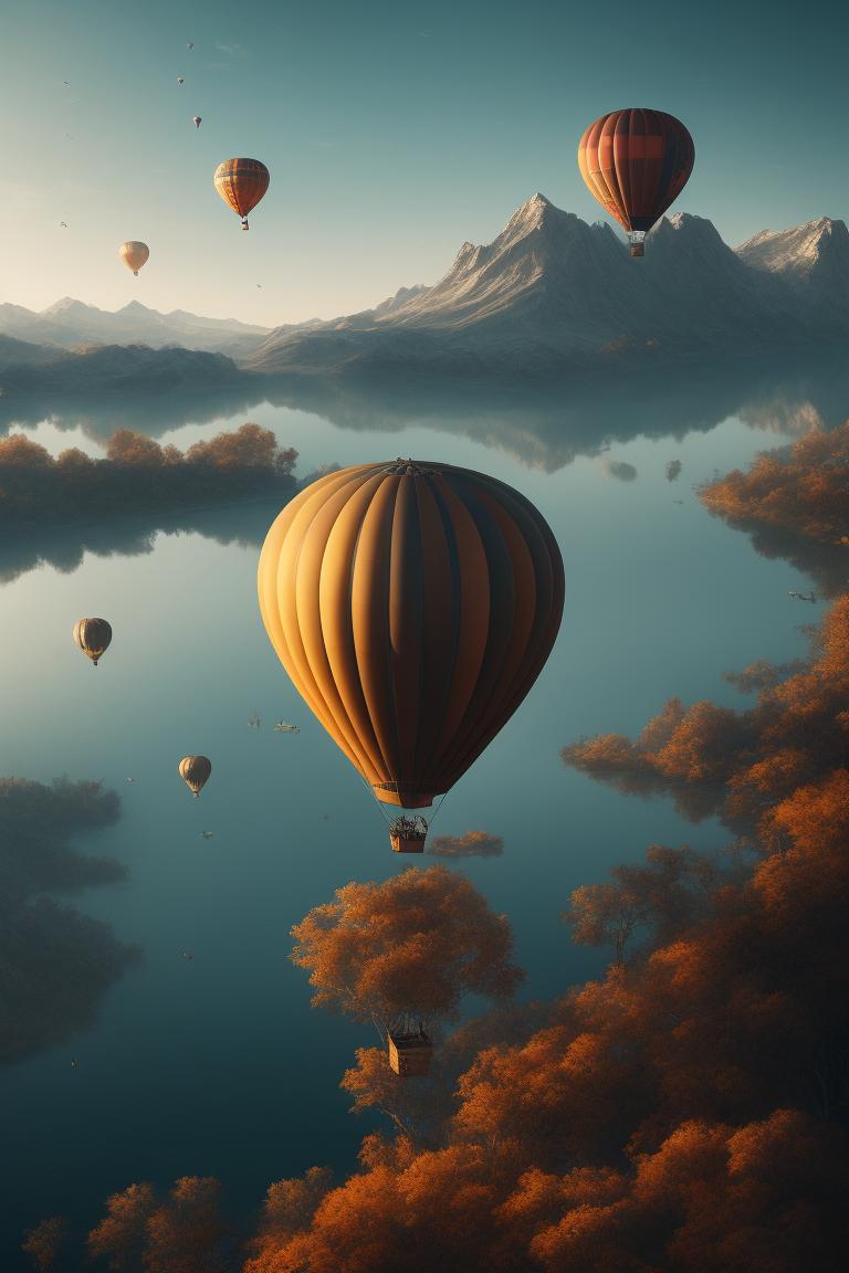 starry-hyena894: Hot air balloon fly on a lake, silver color