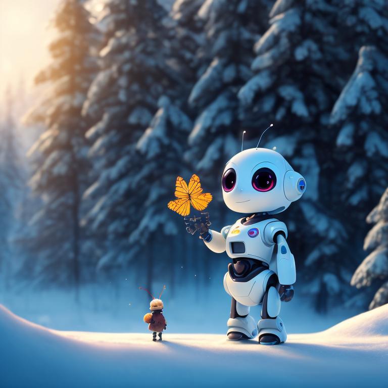 Hursty: a small robot holding a butterfly, bright snowy scene, robot ...