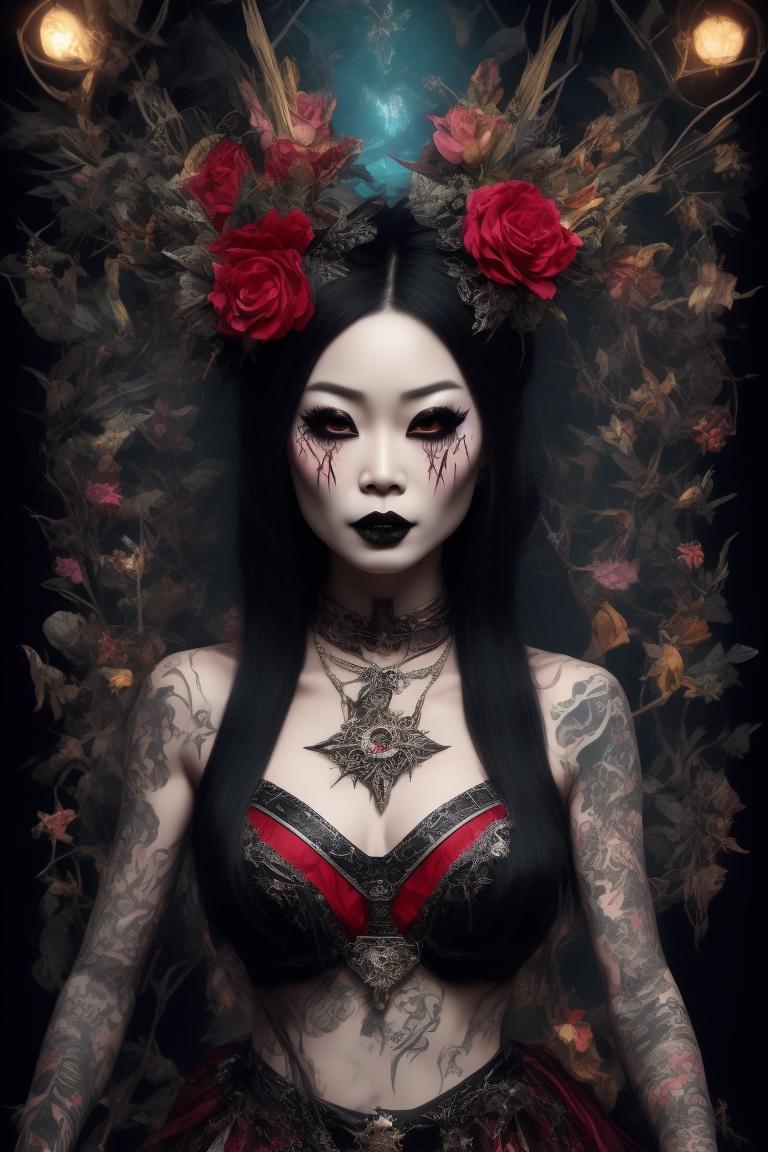 joyous-panda234: chinese witch in the woods in schooluniform, lots of tattoos and goth make-up ...