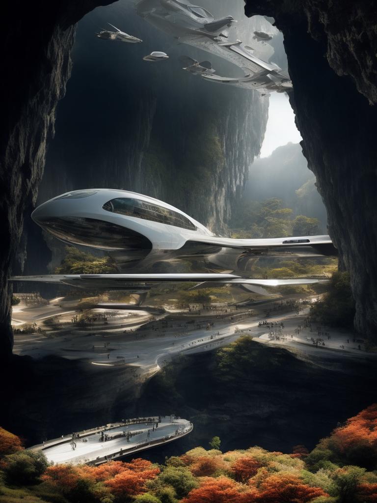 RynSchmtt: A futuristic busy docking station built into a huge cave.
