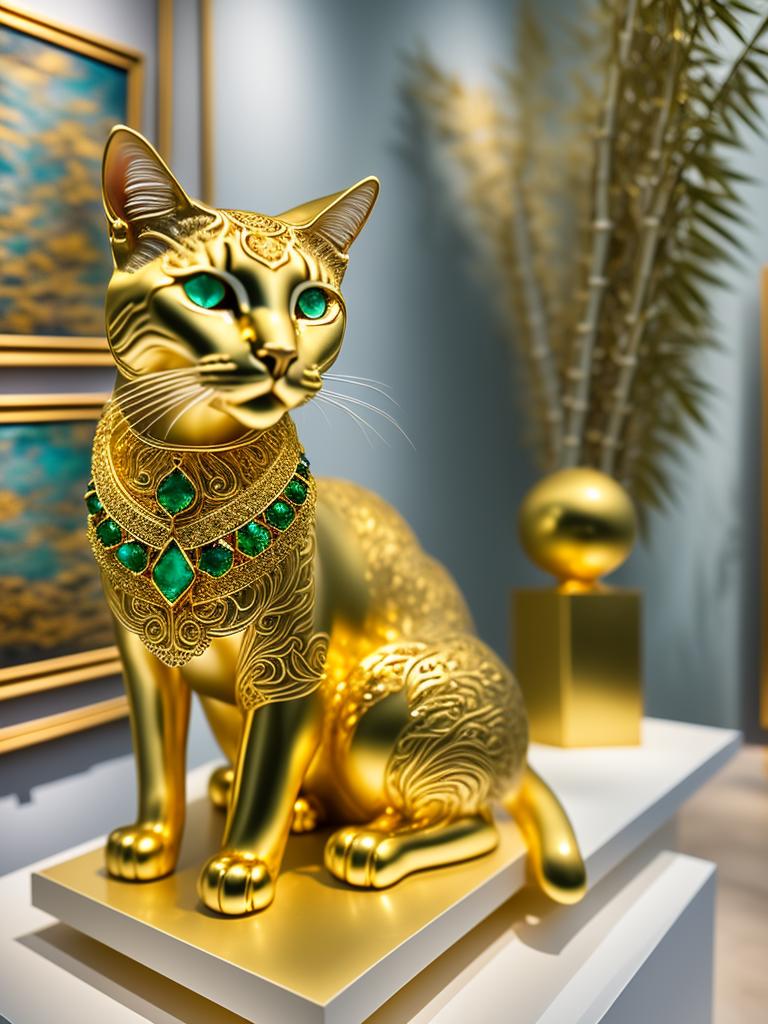 Foul-Rabbit: a gold statue of a cat, golden cat with blue sapphire ...