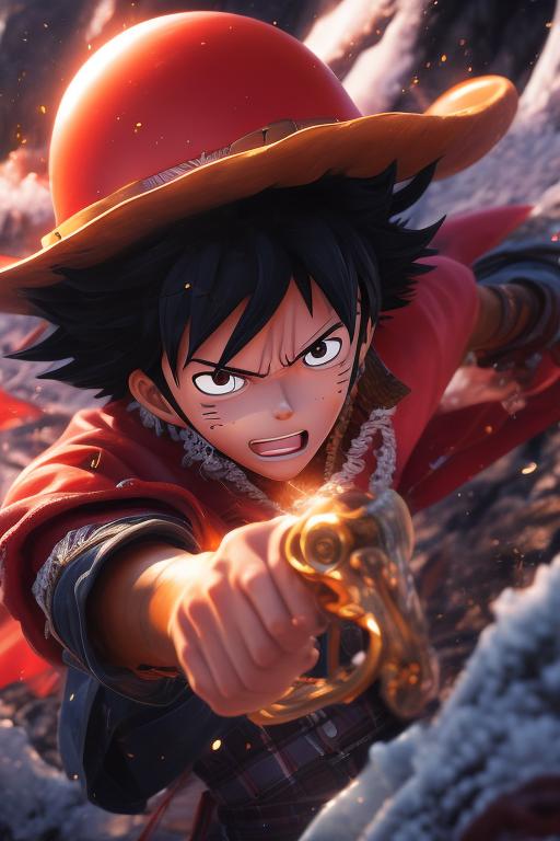 Gaston: Luffy rides a vibrant red Harley motorcycle across a glacial ...
