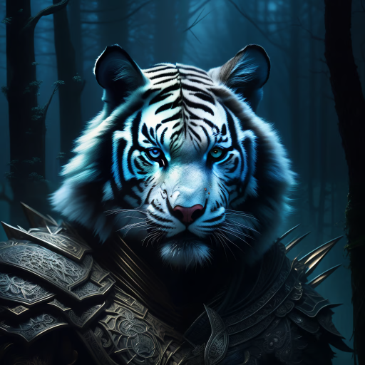 intent-slug674: Anthropomorphic white tiger warrior dark shadowy woods
